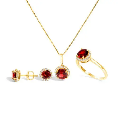 HAUS OF BRILLIANCE 10k Gold Gemstone And Diamond Halo Jewelry Set - Yellow | Red Garnet